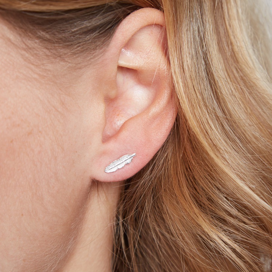 Tiny Sterling Silver Feather Stud Earrings