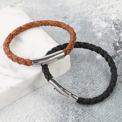 Men's Engraved Rustic Braided Leather Bracelet | Lisa Angel