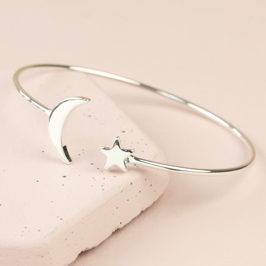 Silver Moon and Star Open Bangle | Lisa Angel Jewellery