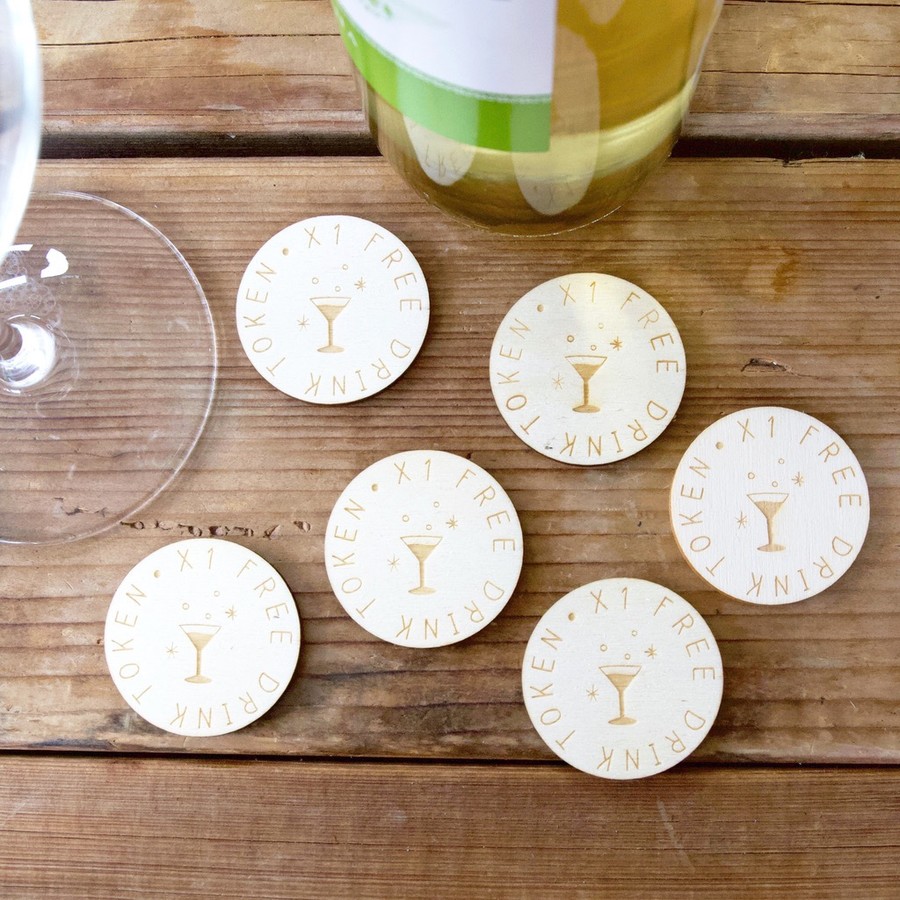 Pack of 30 Wooden 'Free Drink' Tokens | Weddings | Lisa Angel