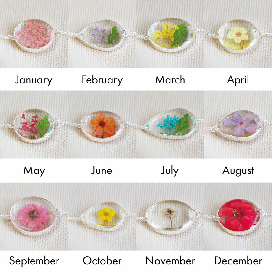 Pressed Birth Flower Charm Bracelet with Birthstone | Lisa Angel