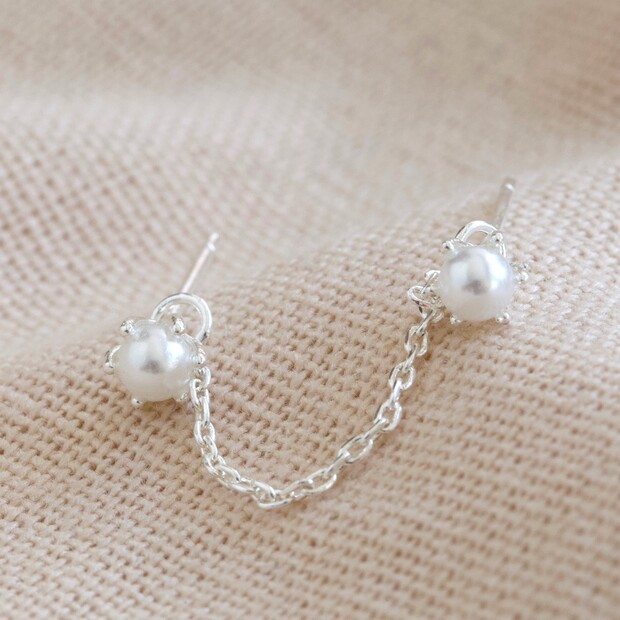 Double Pearl Stud Chain Earring in Silver | Lisa Angel