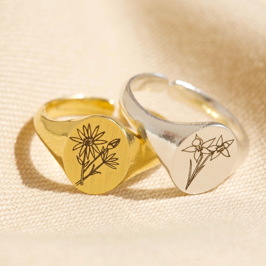 Personalised Birth Flower Adjustable Signet Ring | Lisa Angel