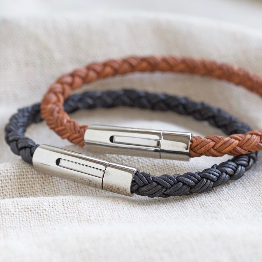 Men's Engraved Rustic Braided Leather Bracelet | Lisa Angel