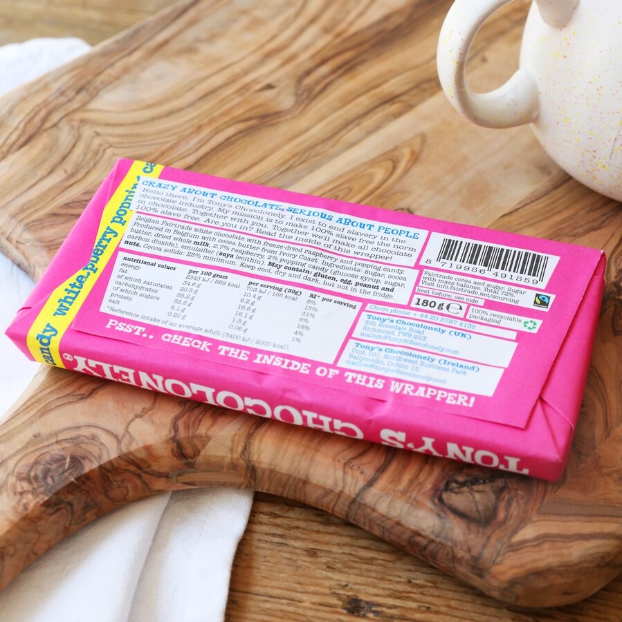 Tony's Chocolonely Raspberry Popping Candy Bar | Lisa Angel