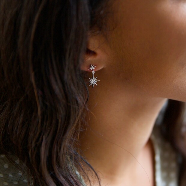 Crystal Double Star Drop Earrings in Silver | Lisa Angel