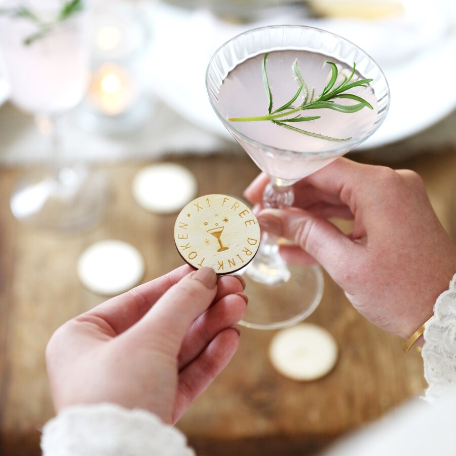Pack of 30 Wooden 'Free Drink' Tokens | Weddings | Lisa Angel