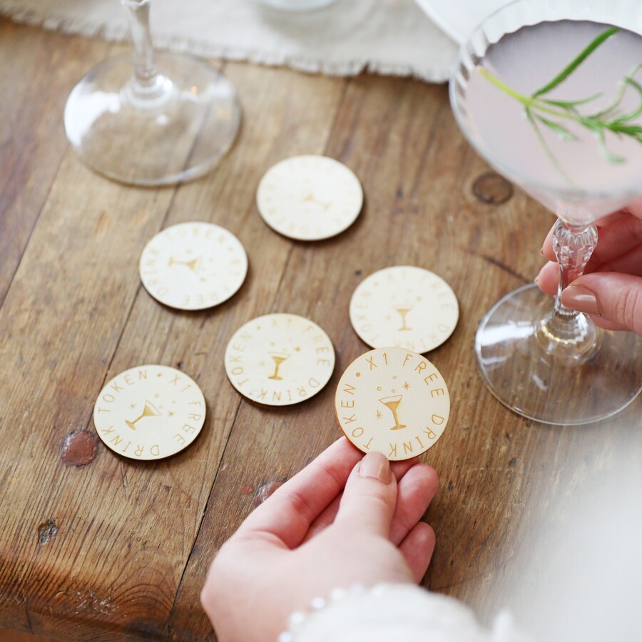 Pack of 30 Wooden 'Free Drink' Tokens | Weddings | Lisa Angel