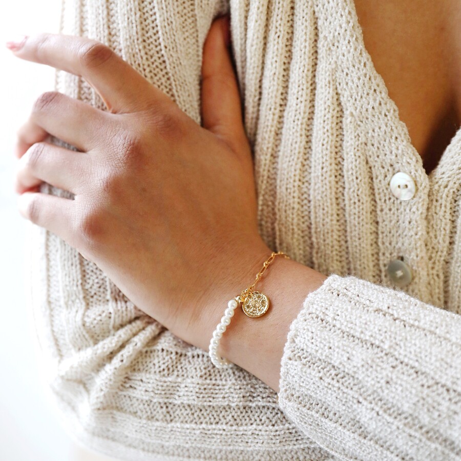 Talisman Charm Pearl and Chain Bracelet in Gold | Lisa Angel