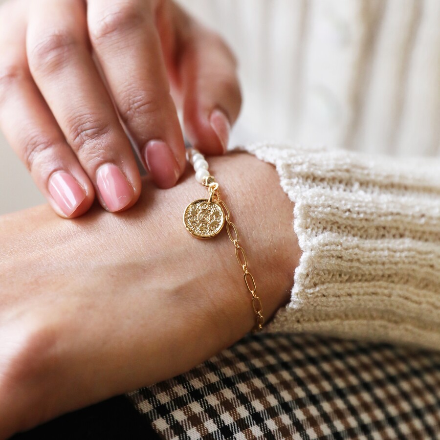 Talisman Charm Pearl and Chain Bracelet in Gold | Lisa Angel