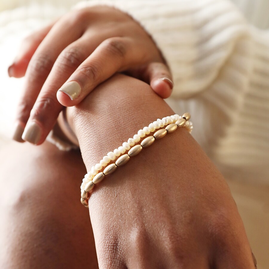 Pearl and Matte Bead Layered Bracelet in Gold | Lisa Angel