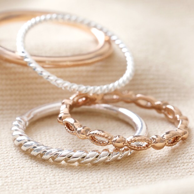 Set of 4 Silver and Rose Gold Stacking Rings | Lisa Angel