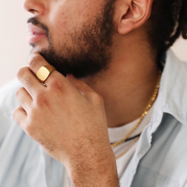 Men's Brushed Gold Stainless Steel Signet Ring | Lisa Angel