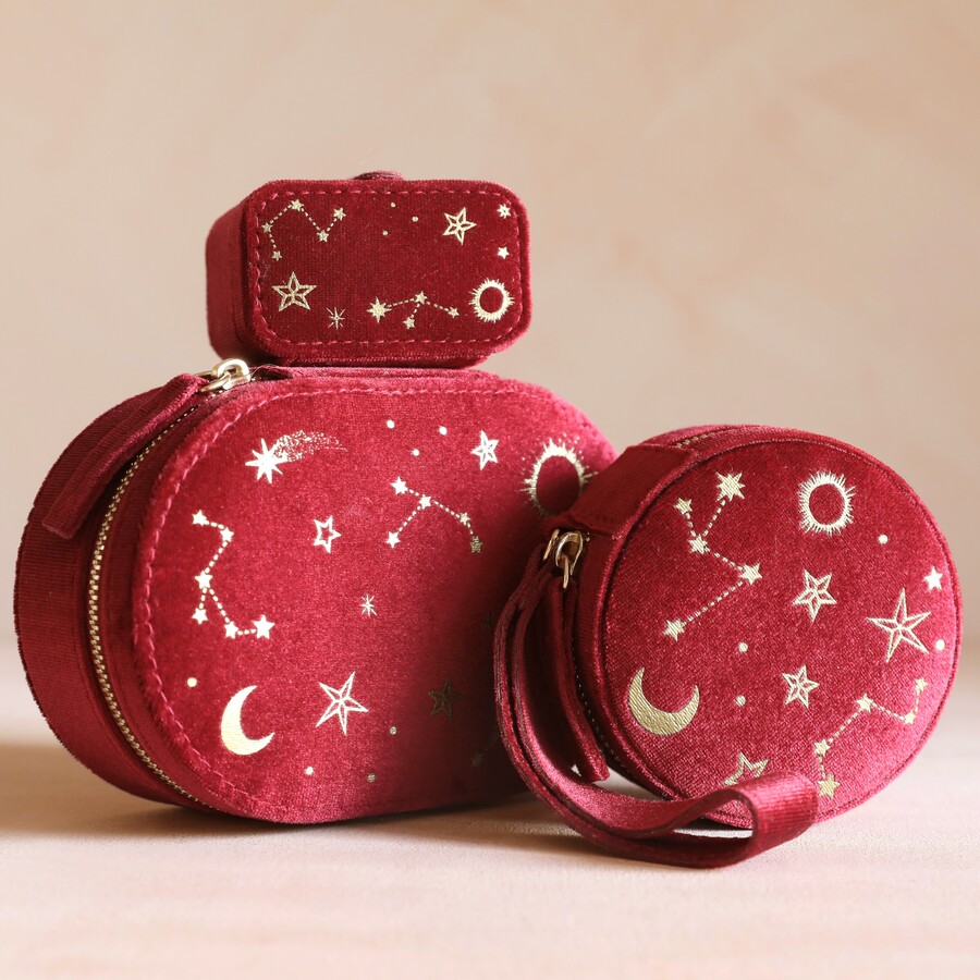 Starry Night Velvet Oval Jewellery Case in Red | Lisa Angel