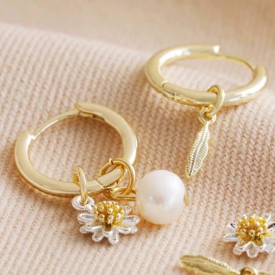 Daisy, Pearl and Feather Hoop Earrings in Gold | Lisa Angel