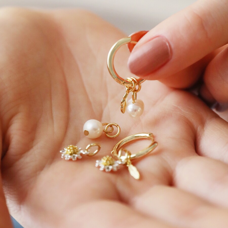 Daisy, Pearl and Feather Hoop Earrings in Gold | Lisa Angel