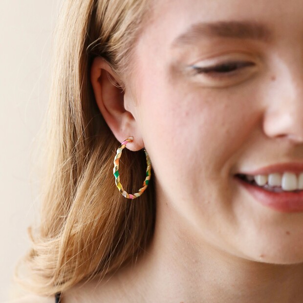Multicolour Enamel Rope Hoop Earrings in Gold | Lisa Angel