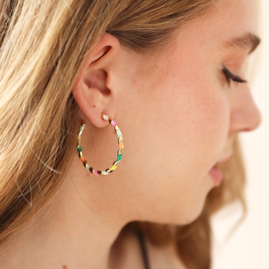 Multicolour Enamel Rope Hoop Earrings in Gold | Lisa Angel