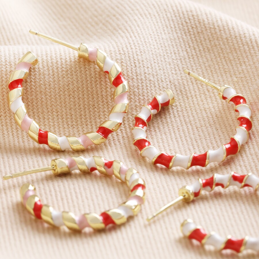 Red and White Twisted Enamel Hoops in Gold | Lisa Angel