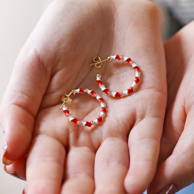 Red and White Twisted Enamel Hoops in Gold | Lisa Angel