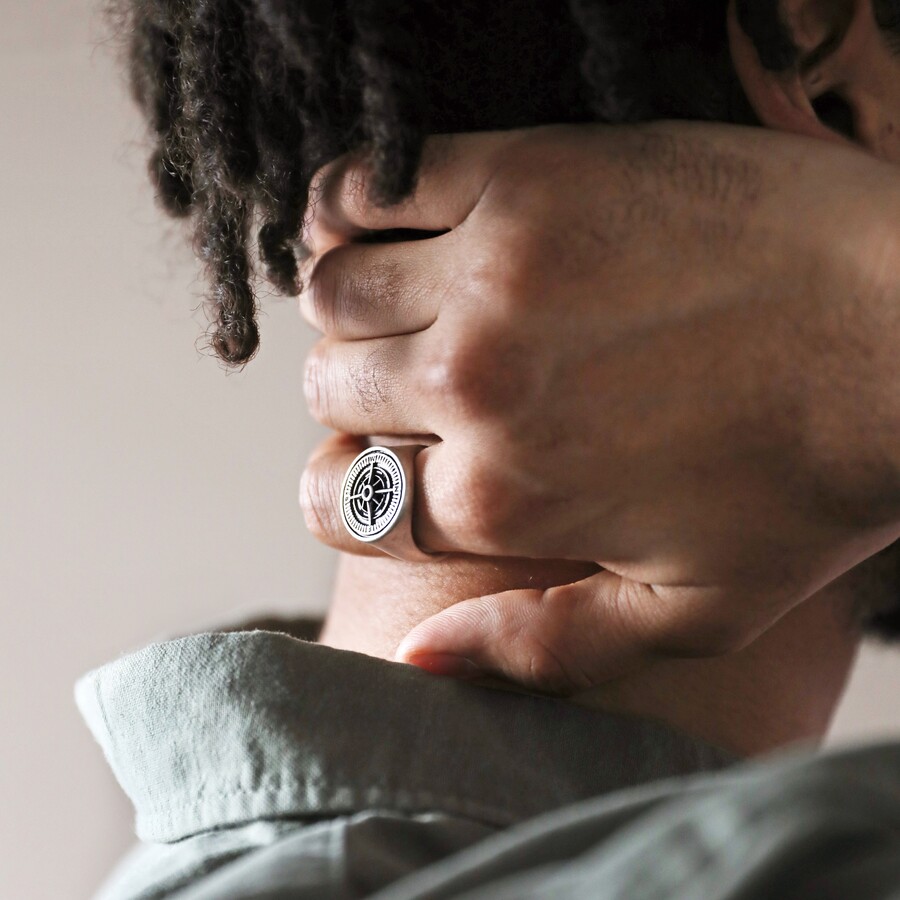 Men's Black Gem Compass Stainless Steel Ring | Lisa Angel