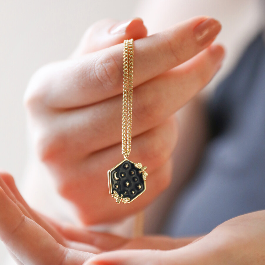 Navy Enamel Celestial Bee Pendant Necklace | Lisa Angel