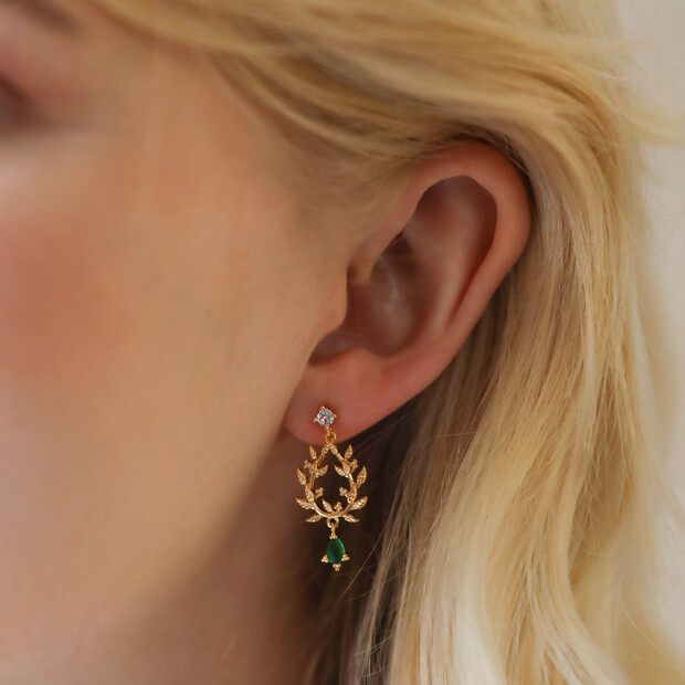 Green Stone Crystal Fern Drop Earrings in Gold | Lisa Angel