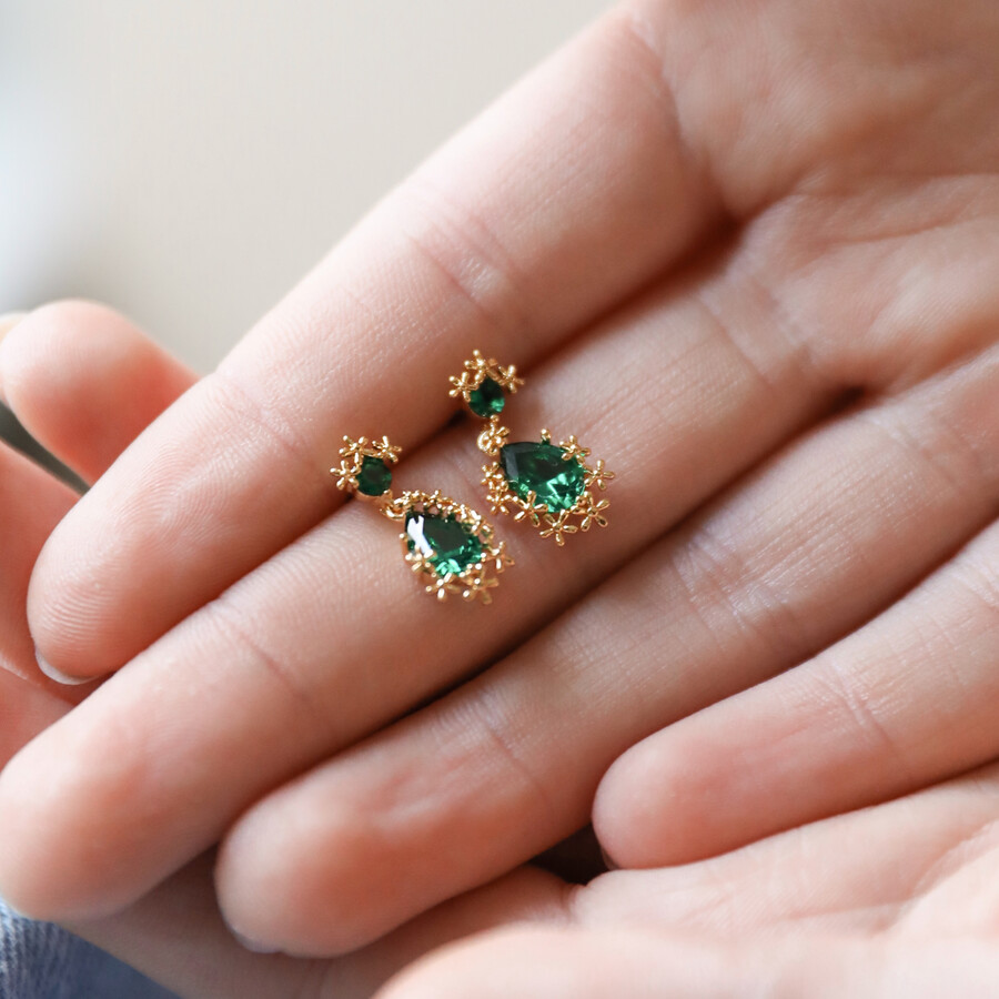 Small Gold Flower Green Crystal Drop Earrings | Lisa Angel