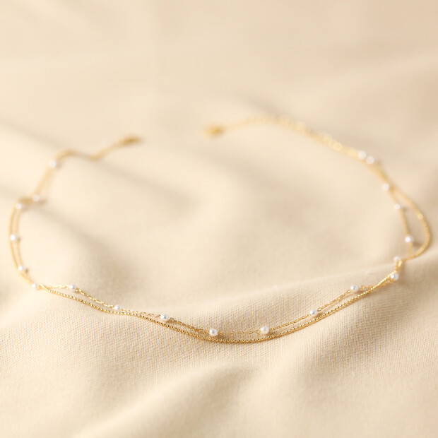 Tiny Seed Pearl Layered Chain Necklace in Gold | Lisa Angel