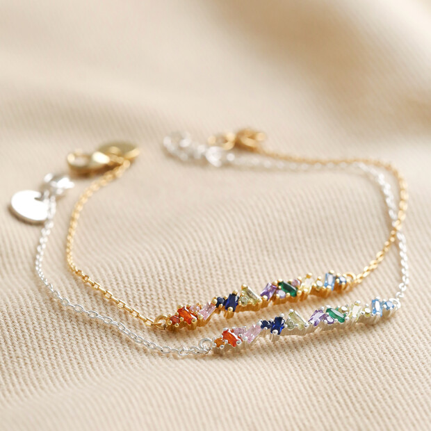 Rainbow Baguette Crystal Bar Bracelet in Silver | Lisa Angel
