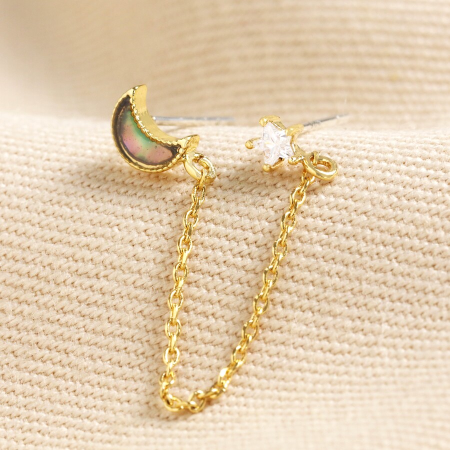 Shell Moon and Crystal Star Chain Stud Earring Gold | Lisa Angel