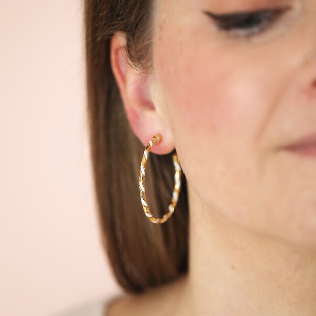 White Enamel Twisted Hoop Earrings in Gold | Lisa Angel
