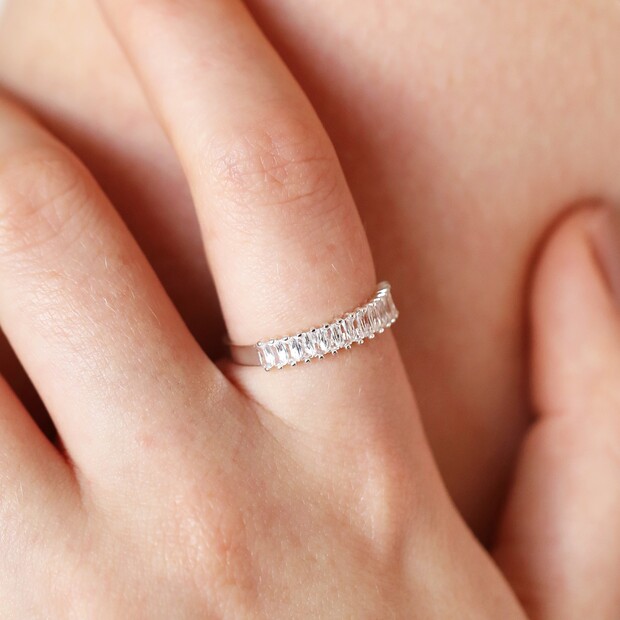 Adjustable Clear Baguette Crystal Band Ring in Silver | Lisa Angel