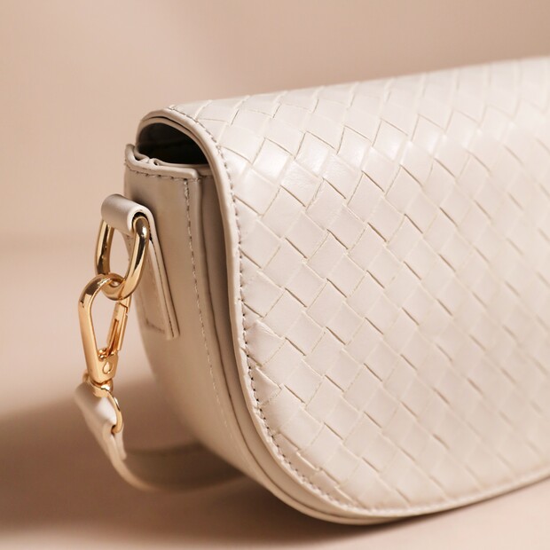Woven Vegan Leather Half Moon Crossbody Bag in Beige | Lisa Angel