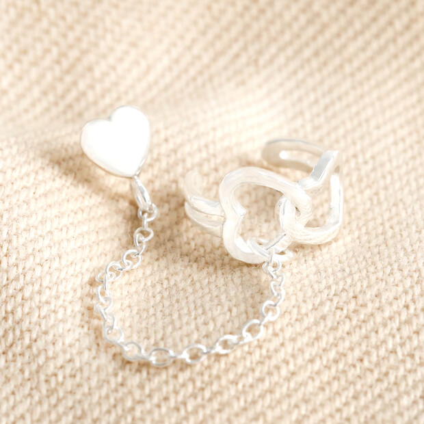 Sterling Silver Heart Stud Cuff and Chain Earring | Lisa Angel