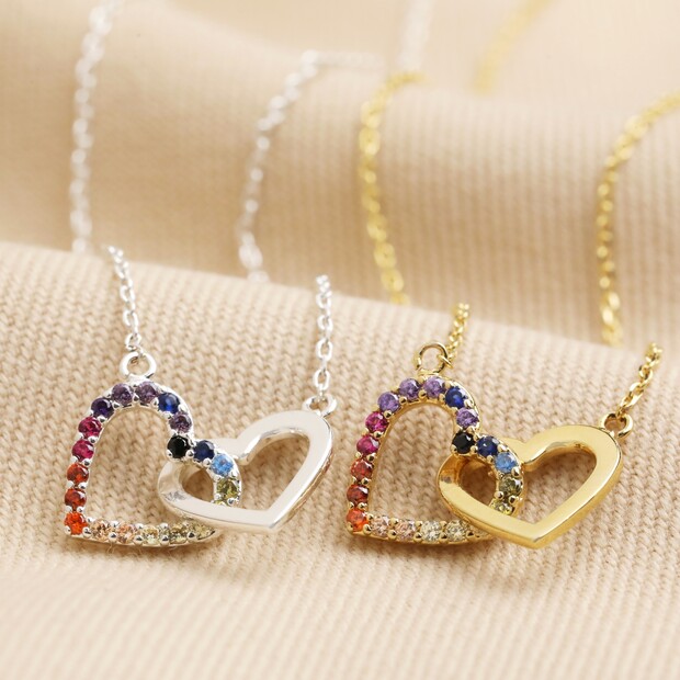 Interlocking Rainbow Crystal Hearts Necklace Silver | Lisa Angel