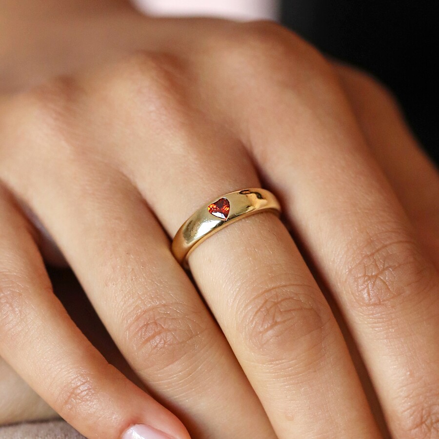 Red Crystal Heart Wide Band Ring in Gold | Jewellery | Lisa Angel