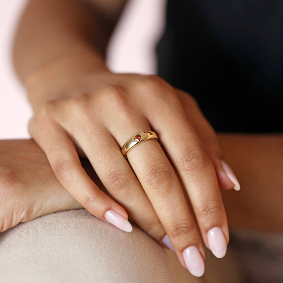 Red Crystal Heart Wide Band Ring in Gold | Jewellery | Lisa Angel