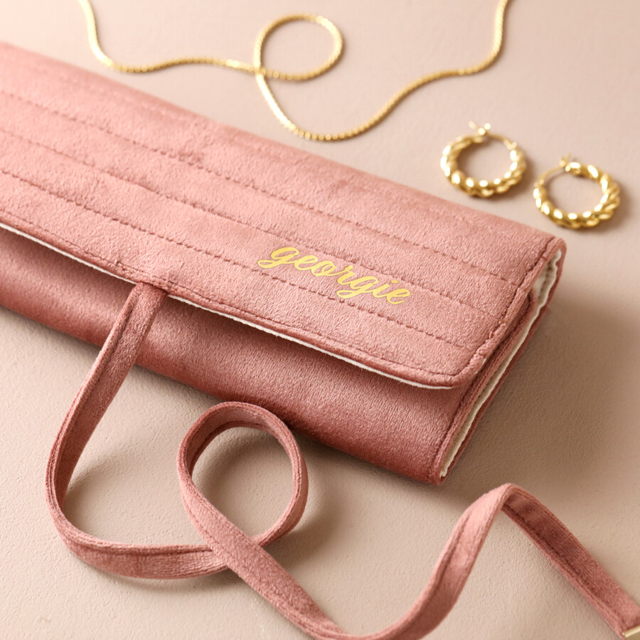 Personalised Dusky Pink Velvet Jewellery Roll | Lisa Angel
