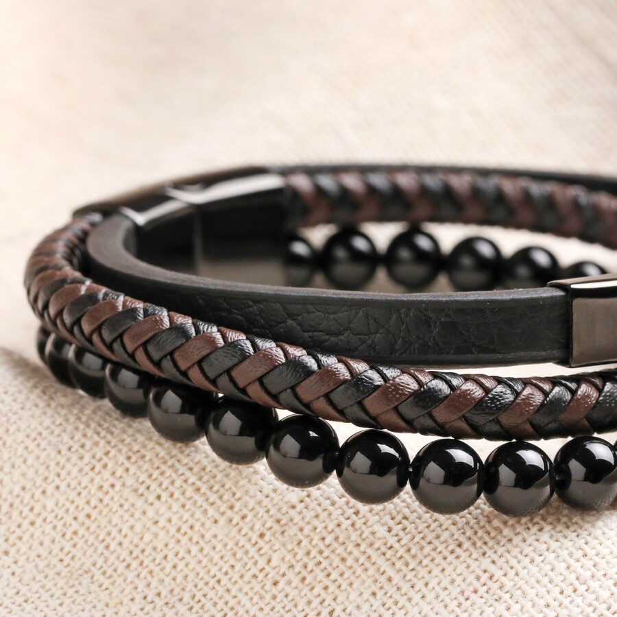 Men's Onyx Bead and Leather Triple Layered Bracelet | Lisa Angel