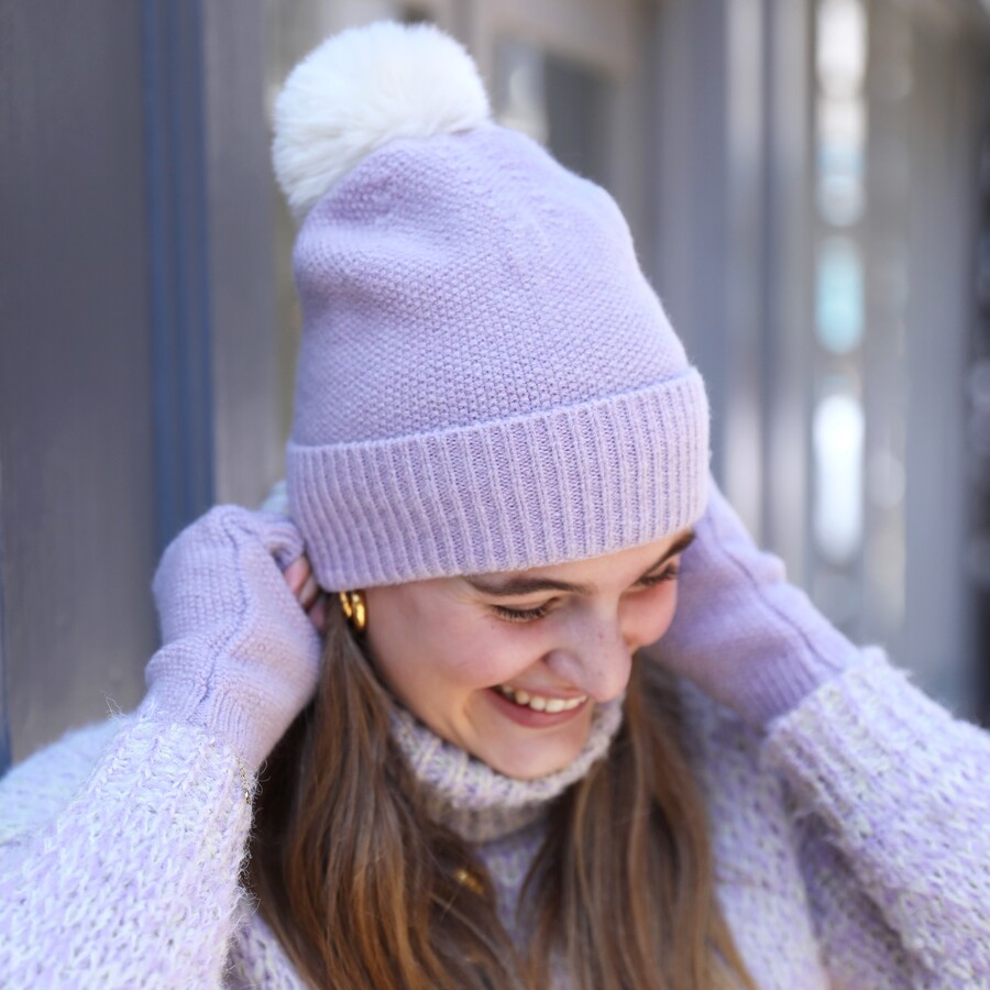 Lilac and Cream Pom Pom Bobble Hat | Accessories | Lisa Angel