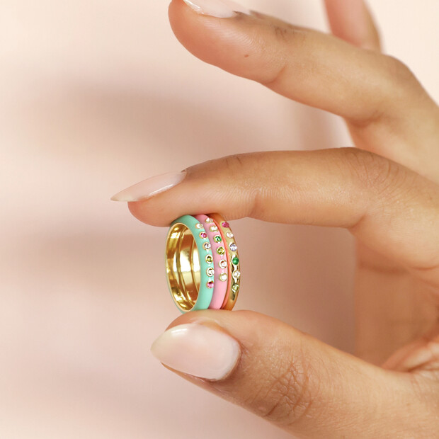 Set of 3 Enamel and Crystal Stacking Rings in Gold | Lisa Angel