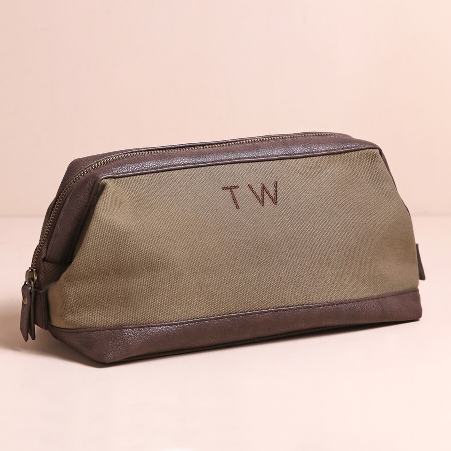 Personalised Men's Canvas Wash Bag in Brown | Lisa Angel