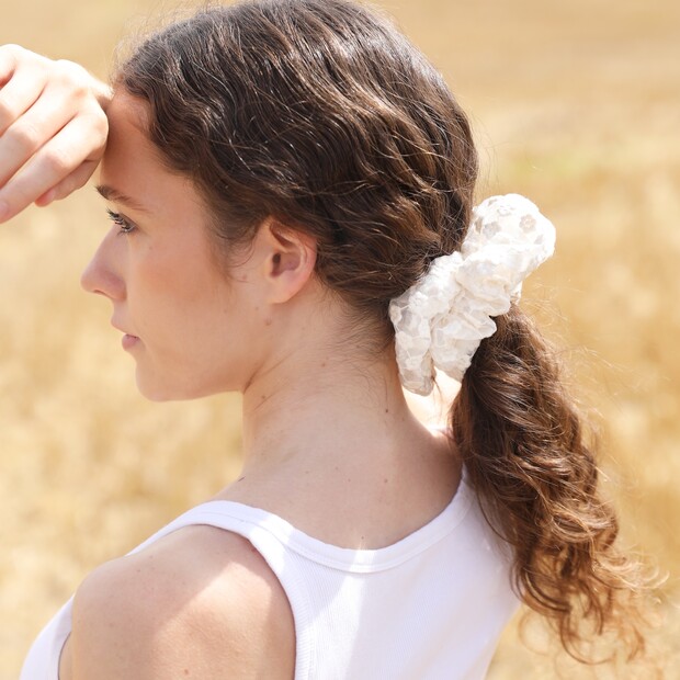 White Sheer Lace Floral Hair Scrunchie | Accessories | Lisa Angel