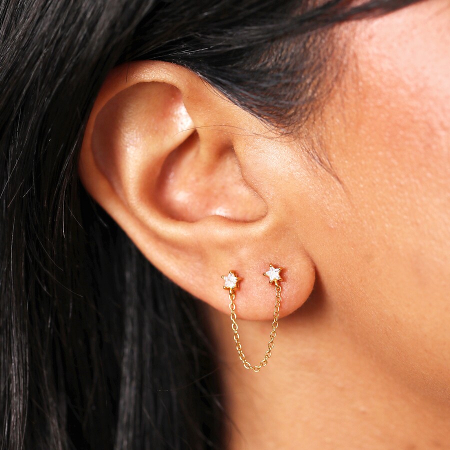 Sterling Silver Chain Star Stud Earring in Gold