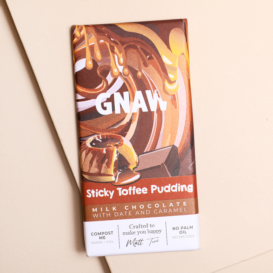 Sticky Toffee Pudding Milk Chocolate Bar | Gnaw | Lisa Angel