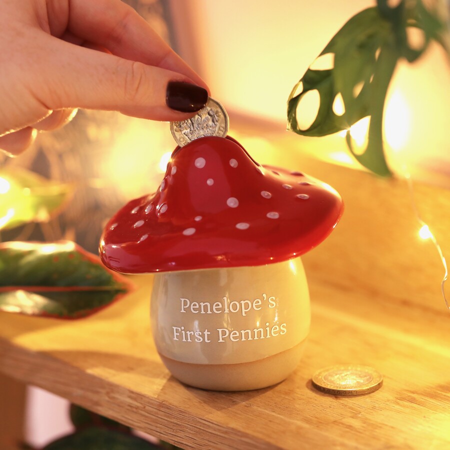 Personalised Message Ceramic Toadstool Money Box | Lisa Angel