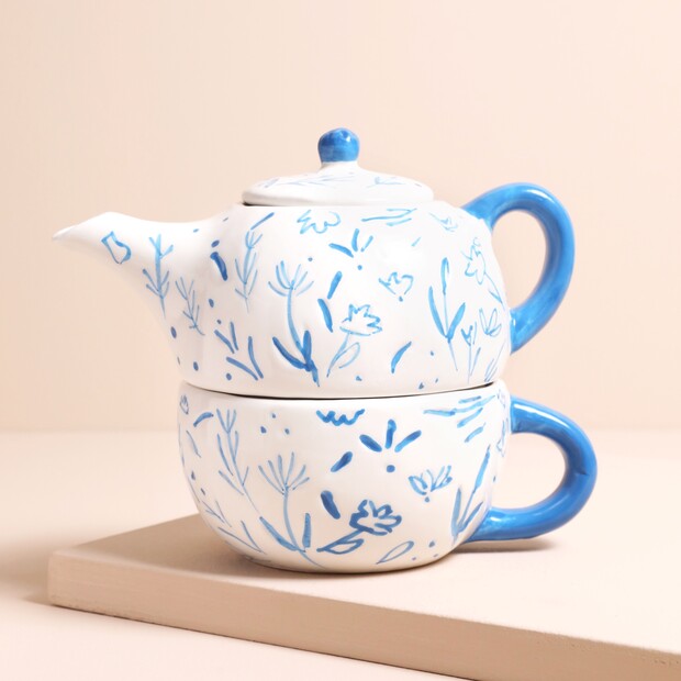 Blue Debossed Floral Teapot and Cup Set | Lisa Angel