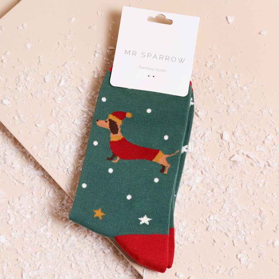 Dark Green Festive Sausage Dog Socks | Mr Sparrow | Lisa Angel