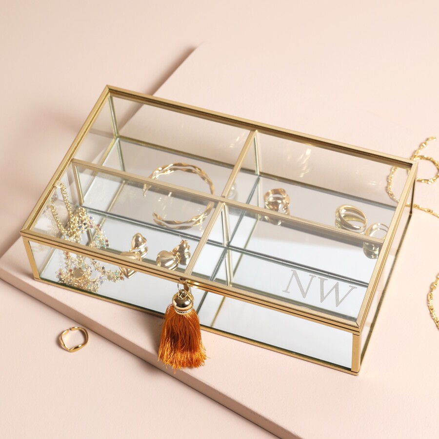 Personalised Initial Large Glass Jewellery Box in Gold | Lisa Angel
